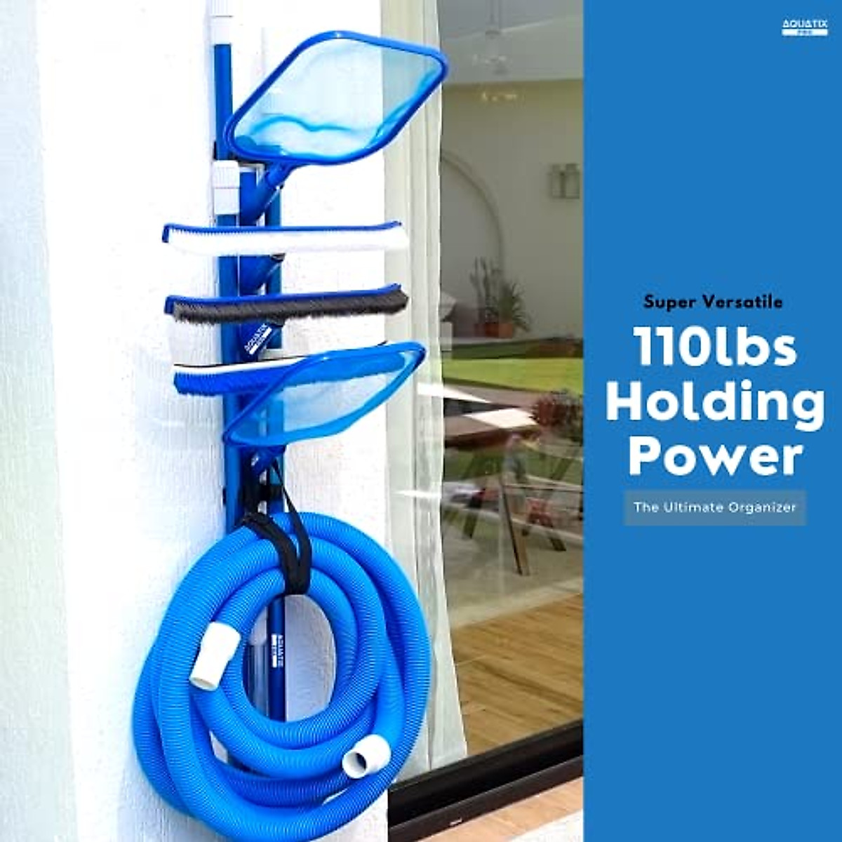 Aquatix Pro Pool Accessory Holder, Hanger & Organizer, Complete Kit, 110lbs Holding Power, Best for Swimming Pool Pole, Brush, Skimmer & Vacuum Head, Caddy for all Accessories & Attachments, Rustproof