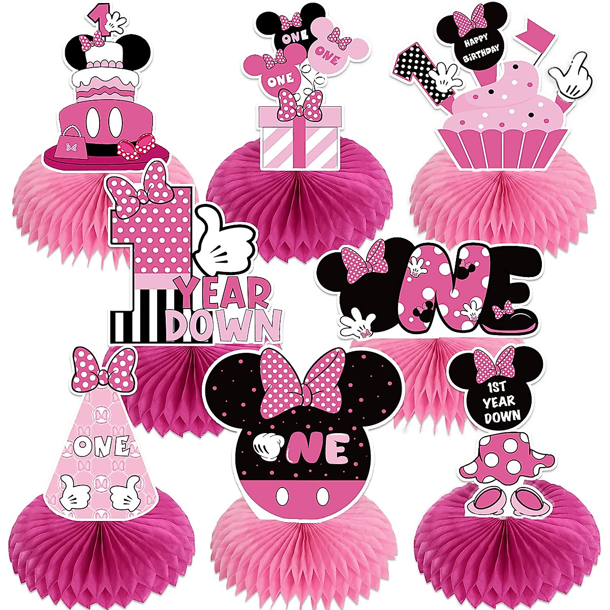 Minnie 1st Birthday Party Decorations Supplies,Minnie Theme Birthday Honeycomb Centerpieces for Girl,Minnie Theme 1st Birthday Table Centerpieces for Minnie First Birthday Party Decor.