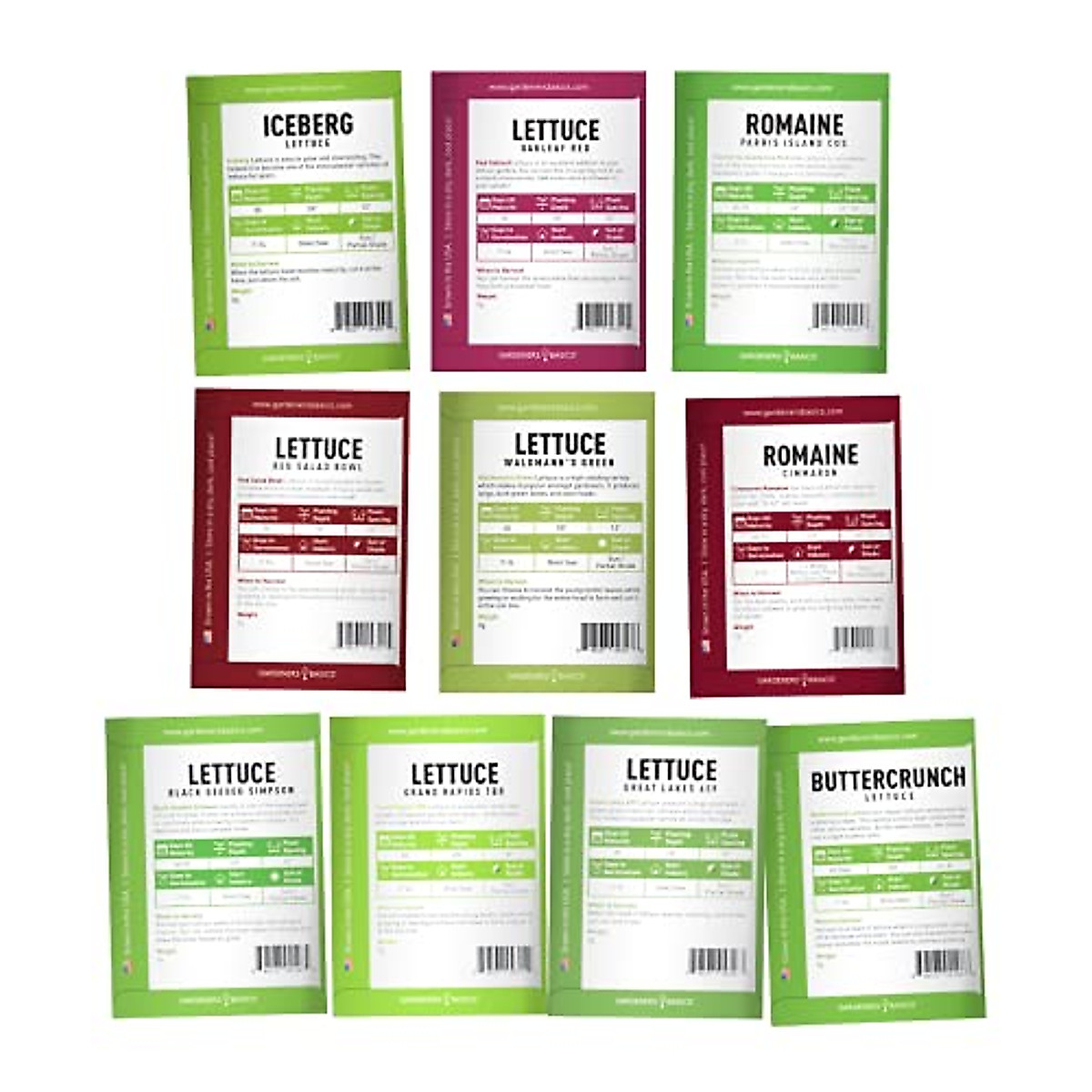 Salad Greens Lettuce Seeds Heirloom Vegetable Seed 23,000 Seeds for Planting Indoors and Outdoor 10 Packs - Buttercrunch, Romaine, Iceberg, (and More) Leaf and Head Variety Pack by Gardeners Basics