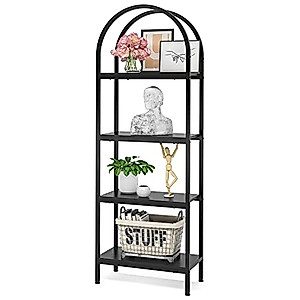 LITTLE TREE 4-Tier Arched Bookshelf, Tall Open Bookcase Storage Shelves, Wood Metal Freestanding Display Rack Tall Shelving Unit for Home Office, Bedroom, Living Room, Industrial Black