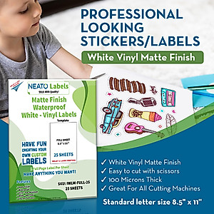 Custom Printable Matte Vinyl Stickers - 25 Sheets - Waterproof, Tear Resistant Full Sheet Label for Inkjet & Laser Printers & All Cutting Machines - 8.5 x 11" - Customizable Blank White Stickers