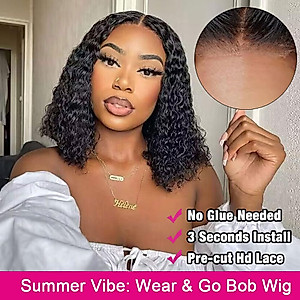 GOLFMAX Wear and Go Glueless Wigs Human Hair Pre Plucked Pre Cut Short Bob Wigs With Elastic Band For Black Women Deep Wave Curly 4x4 Closure Wig Water Wave Wigs Human Hair 12 Inch