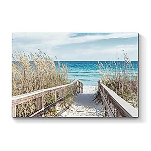 TAR TAR STUDIO Beach Artwork Seascape Wall Art: Seaside Painting Fence Pathway Picture Print on Wrapped Canvas for Living Room (36''W x 24''H, Multiple Sizes)