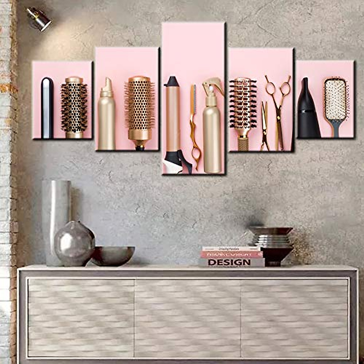 Beauty Salon Pictures for living Room Professional Haircut Tools Paintings 5 Panel Prints Canvas Wall Art Home Modern Decor Hair Accessories Artwork Giclee Framed Stretched Ready to Hang(50''Wx 24''H)