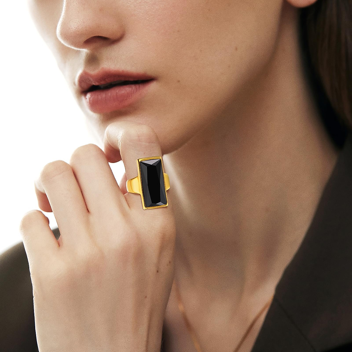 Stainless Steel Gold Plated Rectangular Black Glass Crystal Ring for Women,Best Friend Gift,Size 9