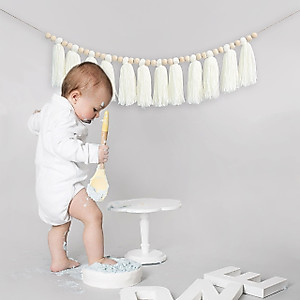 Vgaruint White Yarn Tassel Banner - Cream Wood Bead Tassel Garland Boho Decor, Beaded Tassel Bunting for Home, Boho Nursery Wall Hanging,Christmas Decor,Baby Bridal Shower Party Supplies