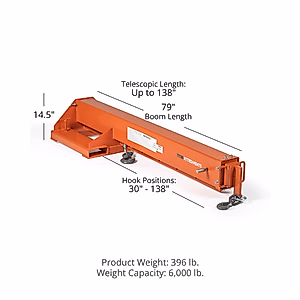Titan Attachments Fork Mounted Adjustable Hoist Jib Boom Crane, Manual Telescopes 79"-147", 6000 LB Lift Capacity, Two 3 Ton Swivel Hooks, Ideal for Warehouse or Factories
