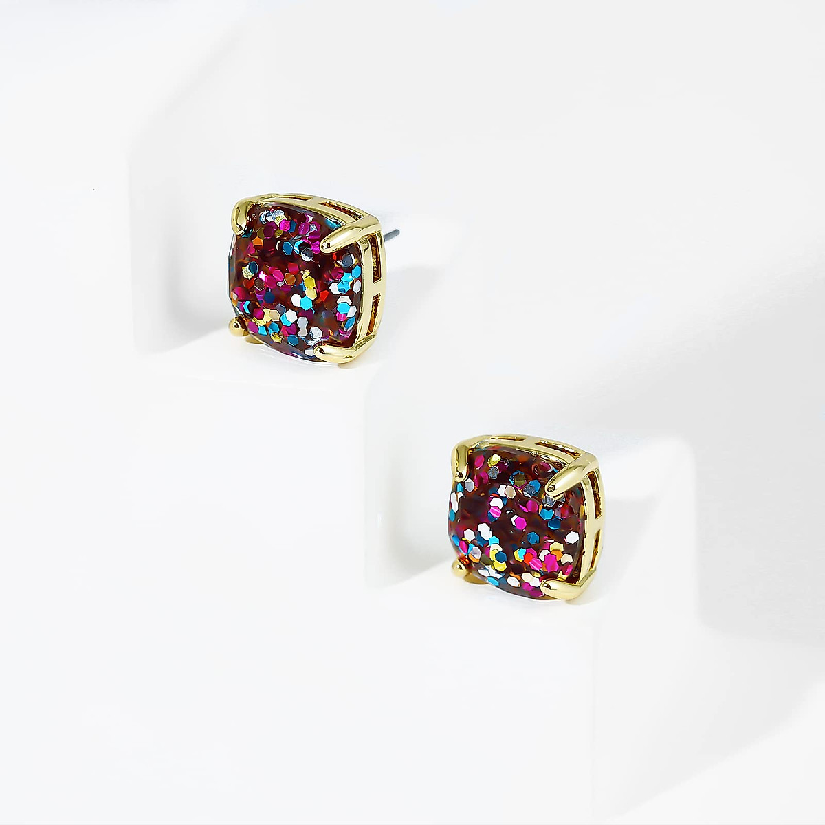 Multicolor Glitter Confetti Stud Earrings - Square Multi Colorful Sparkle Pretty Sequin Resin Earrings for Women Jewelry