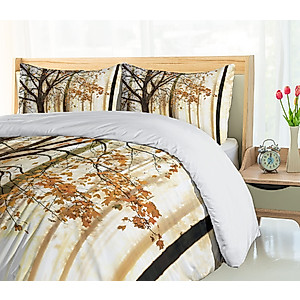 Ambesonne Autumn Duvet Cover Set, Picture of a Lonely Tree Leaves on an Abstract Woodland Background Print, Decorative 3 Piece Bedding Set with 2 Pillow Shams, Queen Size, Orange Brown