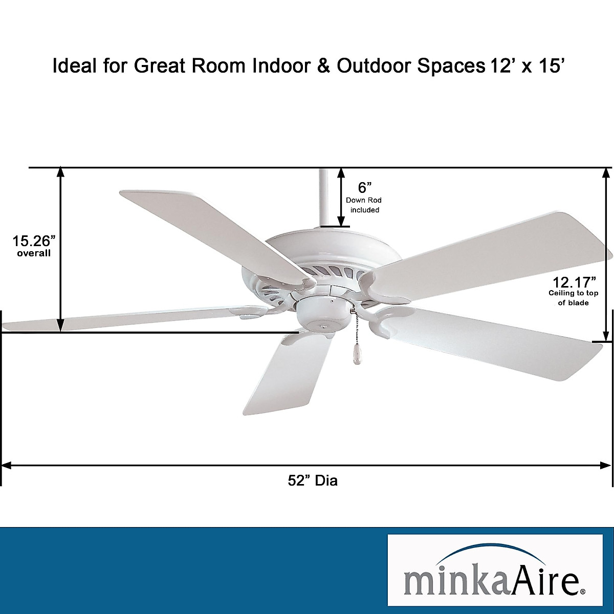 Minka-Aire F568-WH Supra 52 Inch Pull Chain Ceiling Fan in White Finish