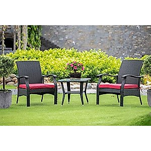 East West Furniture DTL3C01B Denton 3 Piece Patio Furniture Outdoor Set Contains a Rectangle Wicker Tea Table with Glass Top and 2 Balcony Armchair with Cushion, Small, Black