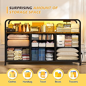 EnHomee Dresser for Bedroom with LED Lights & Charging Station, 7 Drawer Dresser with Open Shelf, Fabric Bedroom Dressers & Chest of Drawers for Closet, Entryway, Hallway, 4 Hooks, Rustic Brown