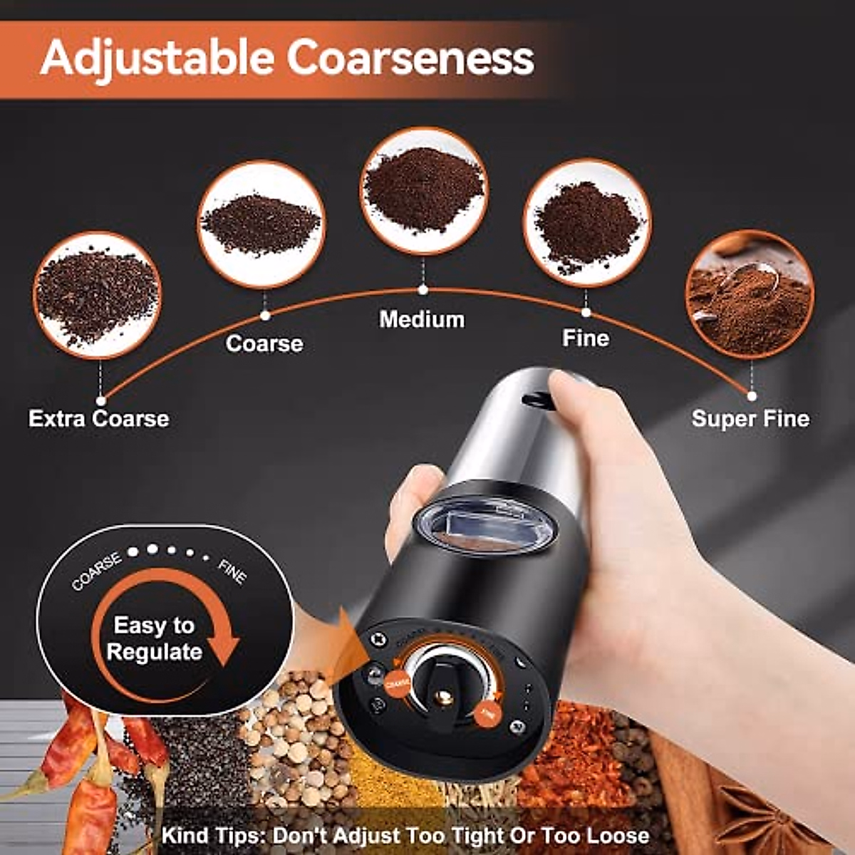HOMCYTOP Electric Salt and Pepper Grinder Set W/USB Rechargeable Base, No Battery Needed, One Handed Operation, Automatic Powered Spice Mill Shakers Refillable, Adjustable Coarseness, LED Light