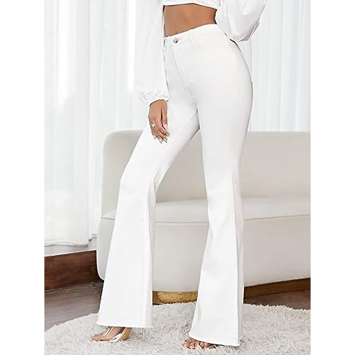 Floerns Women's High Waisted Flare Jeans Frayed Raw Hem Bell Bottom Denim Pants White M