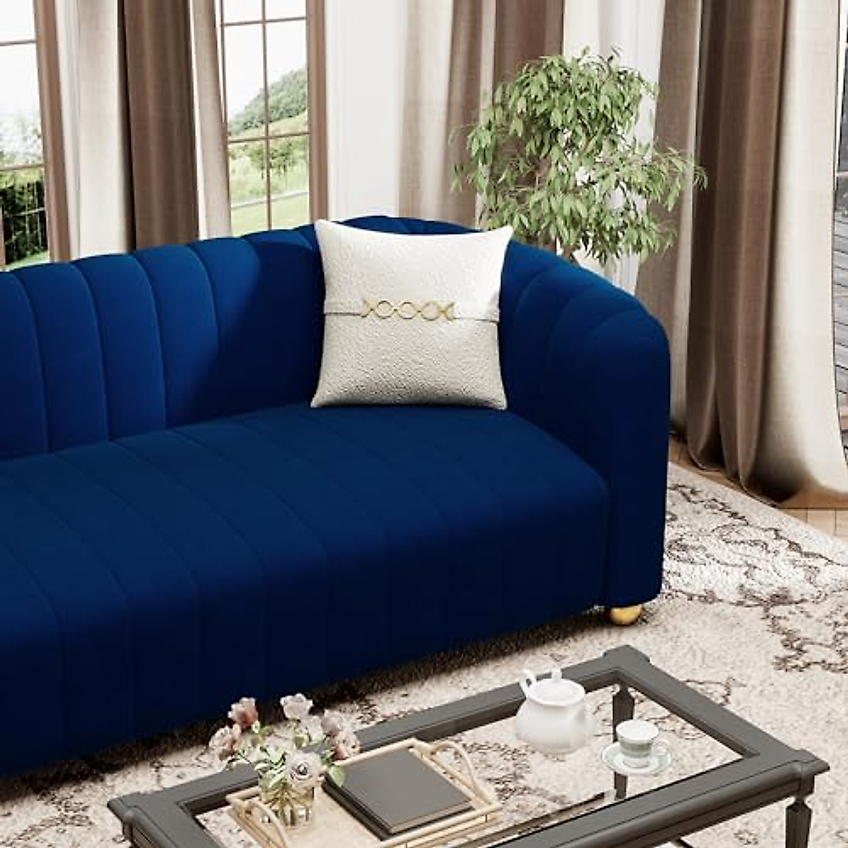 yunqishi KEAI 83.46" Velvet Couch for Living Room Large Modern Sofa with Gold Metal Sphere Legs Office Upholstered Comfy 3 Seater Couches Cute Sherpa Bedroom Furniture (Blue)