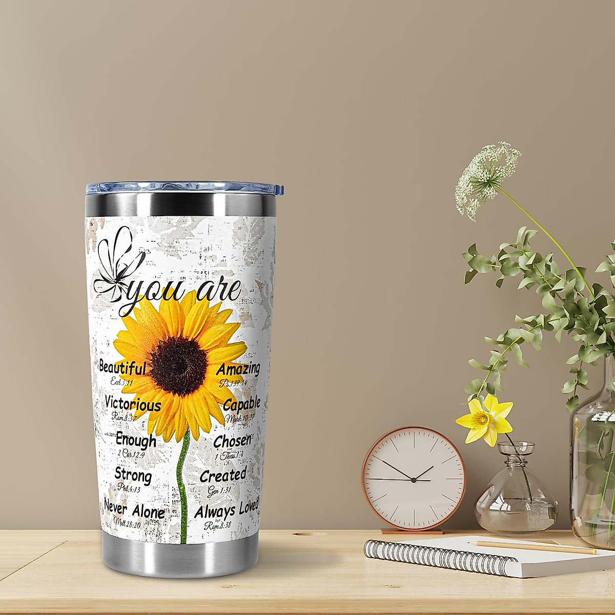 Christian Gifts for Women 20oz Sunflower Tumbler Stainless Steel Double Wall Vacuum Insulated Coffee Mug Travel Cups for Wife Mom Daughter Sister Friend Coworker, Metal Straws and Brush