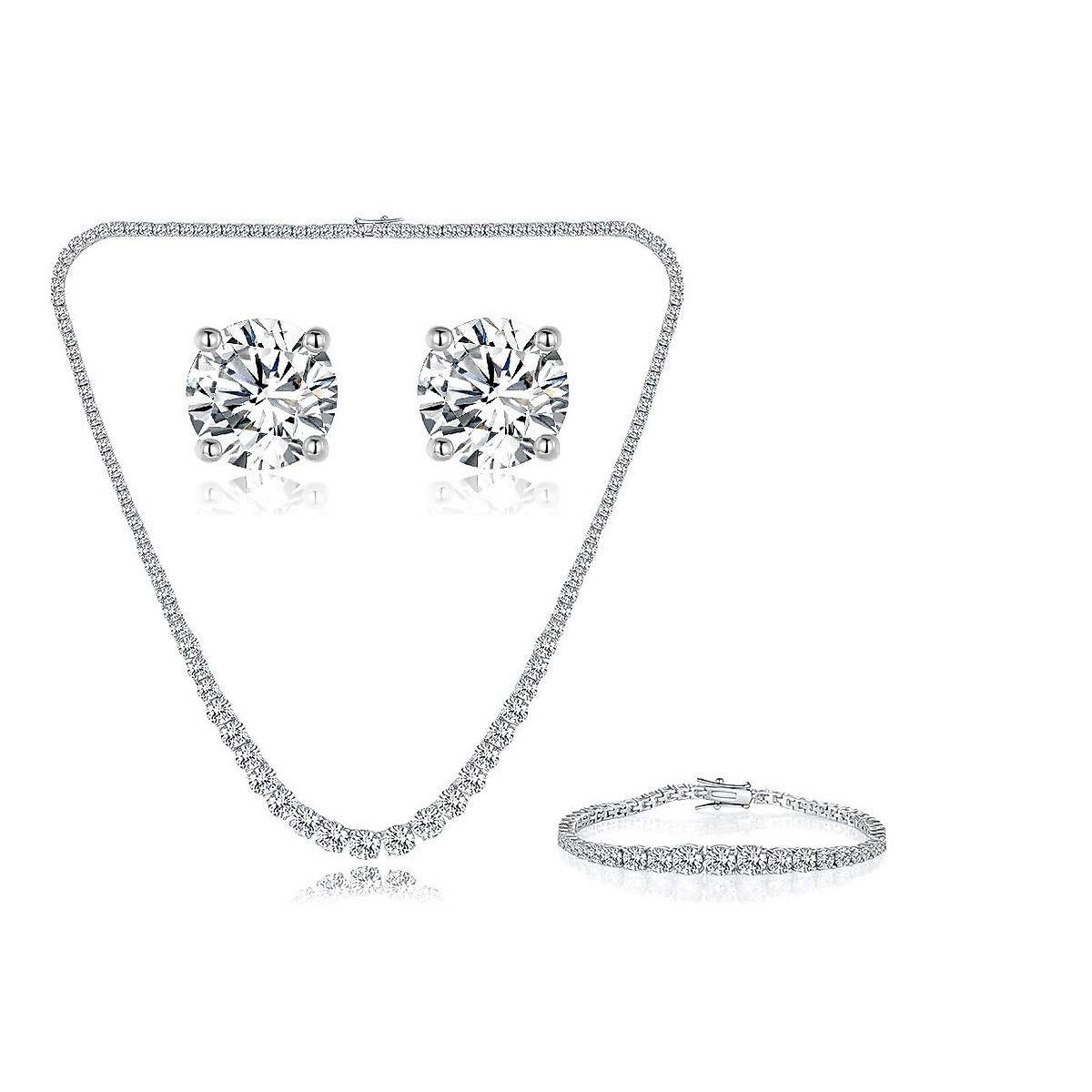 Gemsme 18K White Gold Plated Graduated Round Cubic Zirconia Tennis Necklace/Bracelet/Earrings Sets Pack of 3