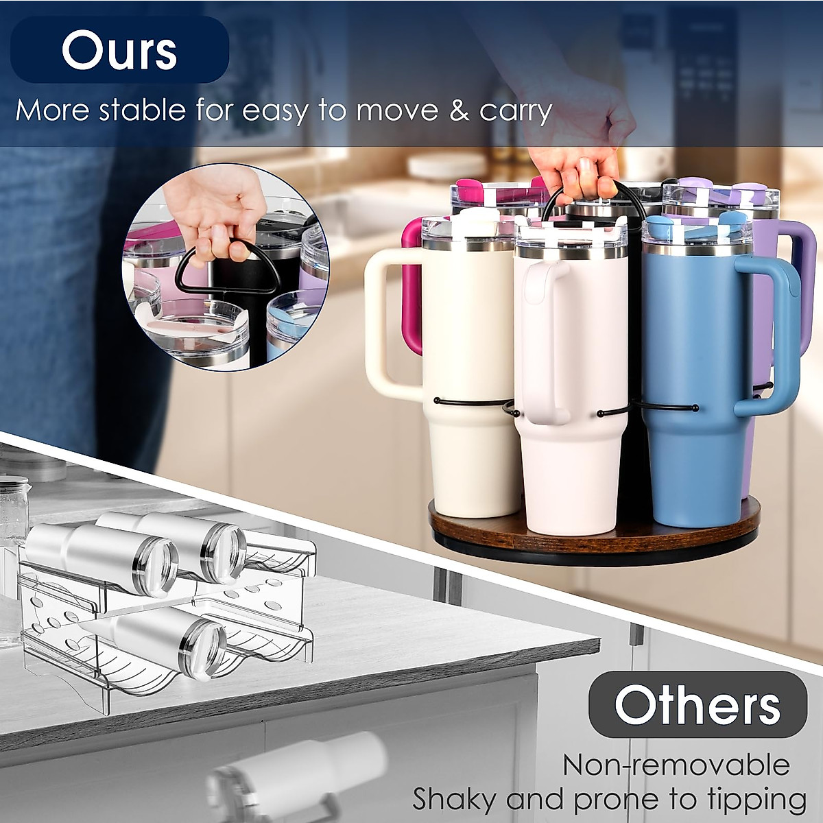 Water Bottle Organizer for Stanley 20 30 40oz Tumbler with Handle, Rotating Stanley Cup Organizer Holder, Bottle Kitchen Cabinet Organizer and Storage for Stanley Simple Modern Owala Yeti, Wine Rack