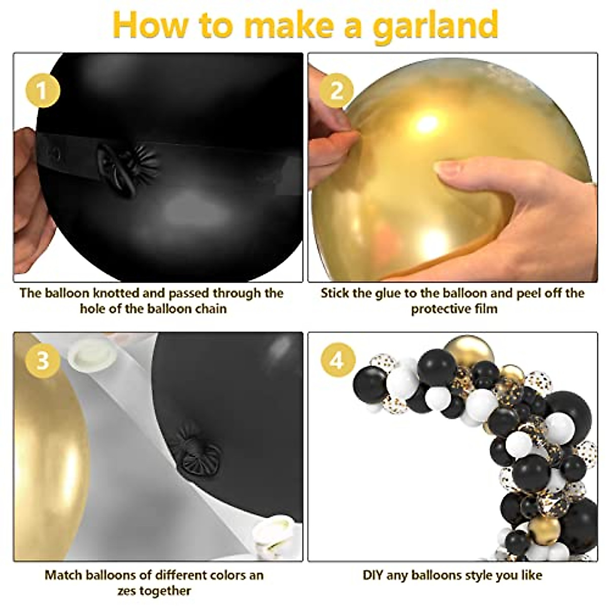 NISOCY Black and Gold Balloons Garland Arch Kit, 120 PCS 12in 10in 5in Metallic Gold Black White and Confetti Balloons for Graduation, Birthday, Wedding, Anniversary, Celebrations, Party Decoration