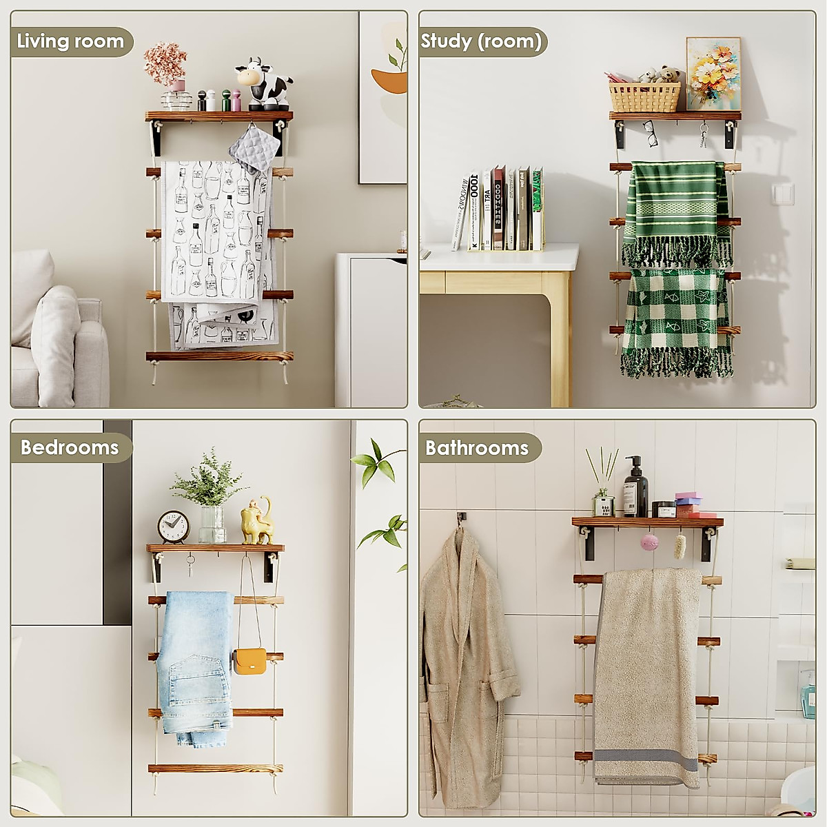 Delywh 5 Tier Wall Blanket Ladder Floating Shelves, with Rustic Rope Wooden Blanket Storage, Throw, Towel, Quilt Rack for The Living Room, Bathroom, Bedroom, Farmhouse Wall Blanket Holder, Brown