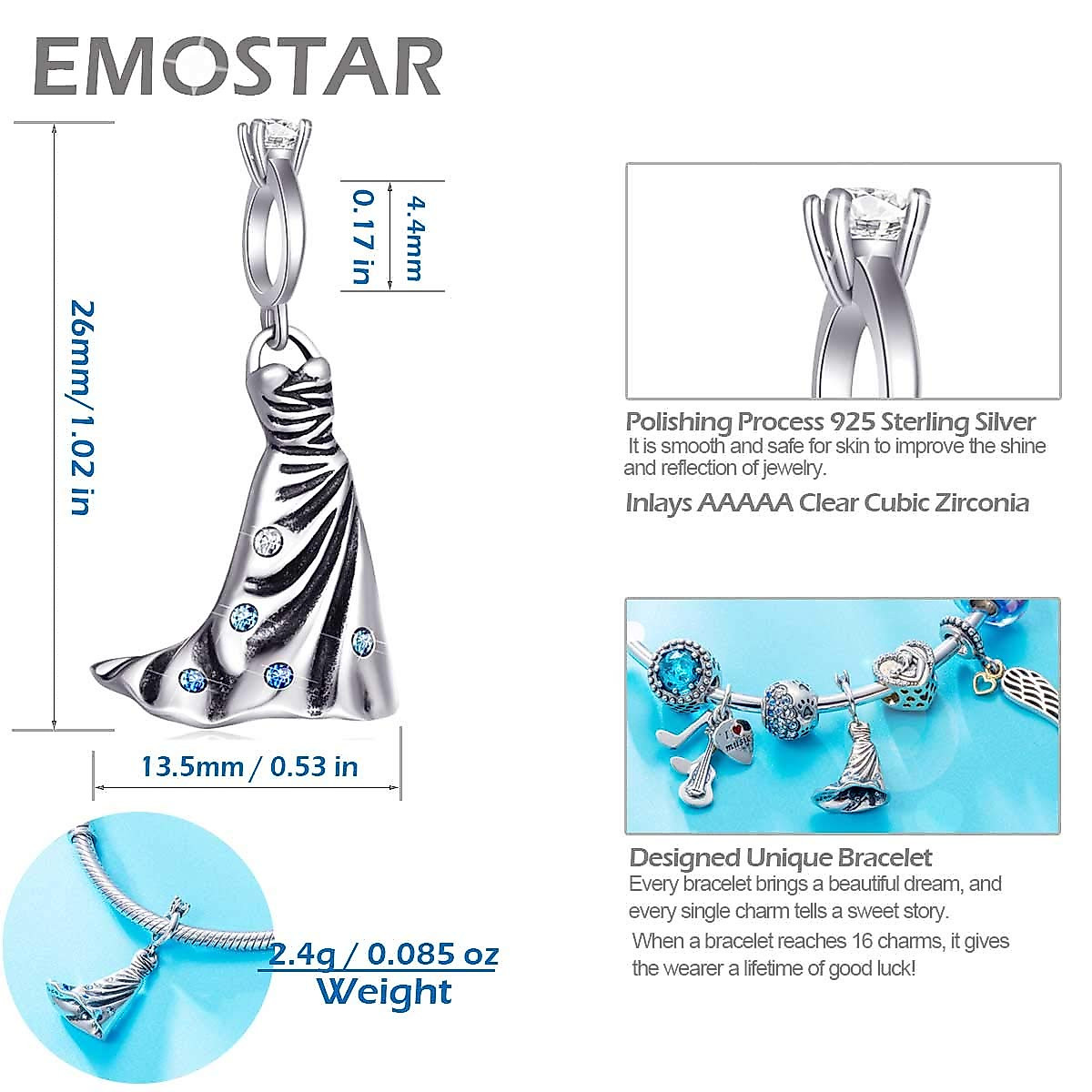 Wedding Ring Dangle Wedding Dress Charms fits Pandora Charm Bracelets–925 Sterling Silver Strapless Gown Pendant with Blue Crystals, Gifts Married Beads for Anniversary/Bride