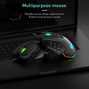 Havit Gaming Mouse Computer Ergonomic Wired Mice with 14 Programmable Buttons Interchangeable Side Plates (8 Buttons/ 8+6 Side Buttons), 2 Replaceable Right Plates for Laptop PC Gamer (Renewed)