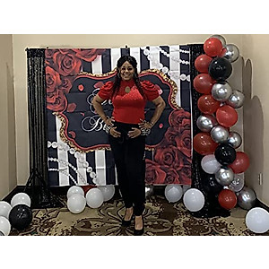 Avezano Happy Birthday Rose Flower Backdrop Red and Black Stripe 7x5ft Birthday Party Decoration Pearl Red Floral Dessert Table Banner