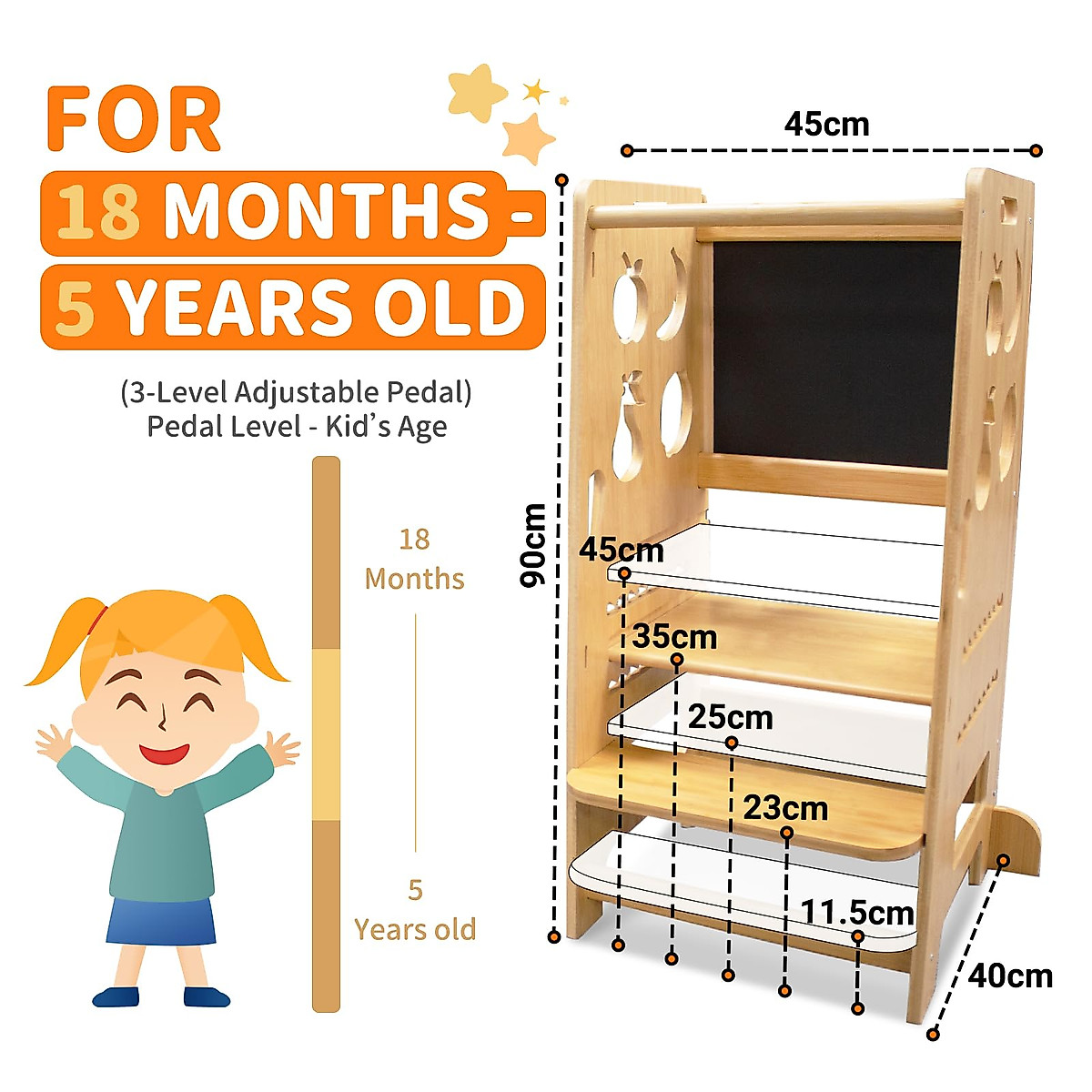 Wooden Brown 1-3 Toddler Tower Kitchen Helper,Height Adjustable Learning Standing Tower with Black and White Activity Board & Safety Net Perfect for Kitchen, Bathroom and Bedroom Children Step Stool
