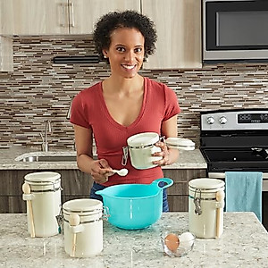 Home Basics Canister Sets For The Kitchen (4 Piece Set) Beige, High Gloss Ceramic Decorative Kitchen Set | With Wooden Spoons, Countertop Set For Flour, Sugar, Coffee, and Snacks