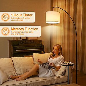 OUTON Arc Floor Lamp with Table and Marble Base, 81" Height LED Dimmable Floor Lamp with Remote & 4 Color Temperature, Tall Standing Lamp with Adjustable Hanging Drum Shade for Living Room, Bedroom