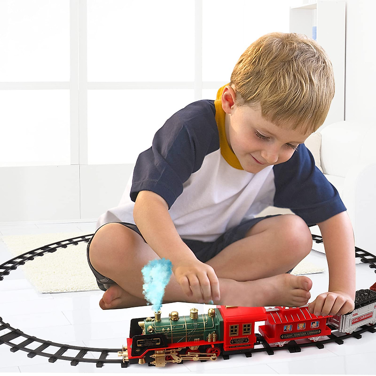 Sopu Train Sets for Kids, Electric Train Toy with Steam Locomotive Engine, Railway Kits, Cargo Cars & Tracks and Smokes, Lights & Sound Best Christmas Train Set for Boys Girls 3 4 5 6 7 8 9 10+ Years
