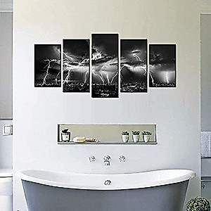 Biuteawal - Black and White Wall Art Nature Lightning Strikes in The Clouds Painting on Canvas Storm and City Night View Picture Print for Home Office Living Room Decoration Wall Decor