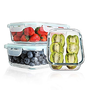 WHOLE HOUSEWARES | Glass Food Storage Containers Meal Prep Pack of 3 in Different Sizes | Food Storage Containers Glass With Lids Airtight | For Meal Prep and Fruit