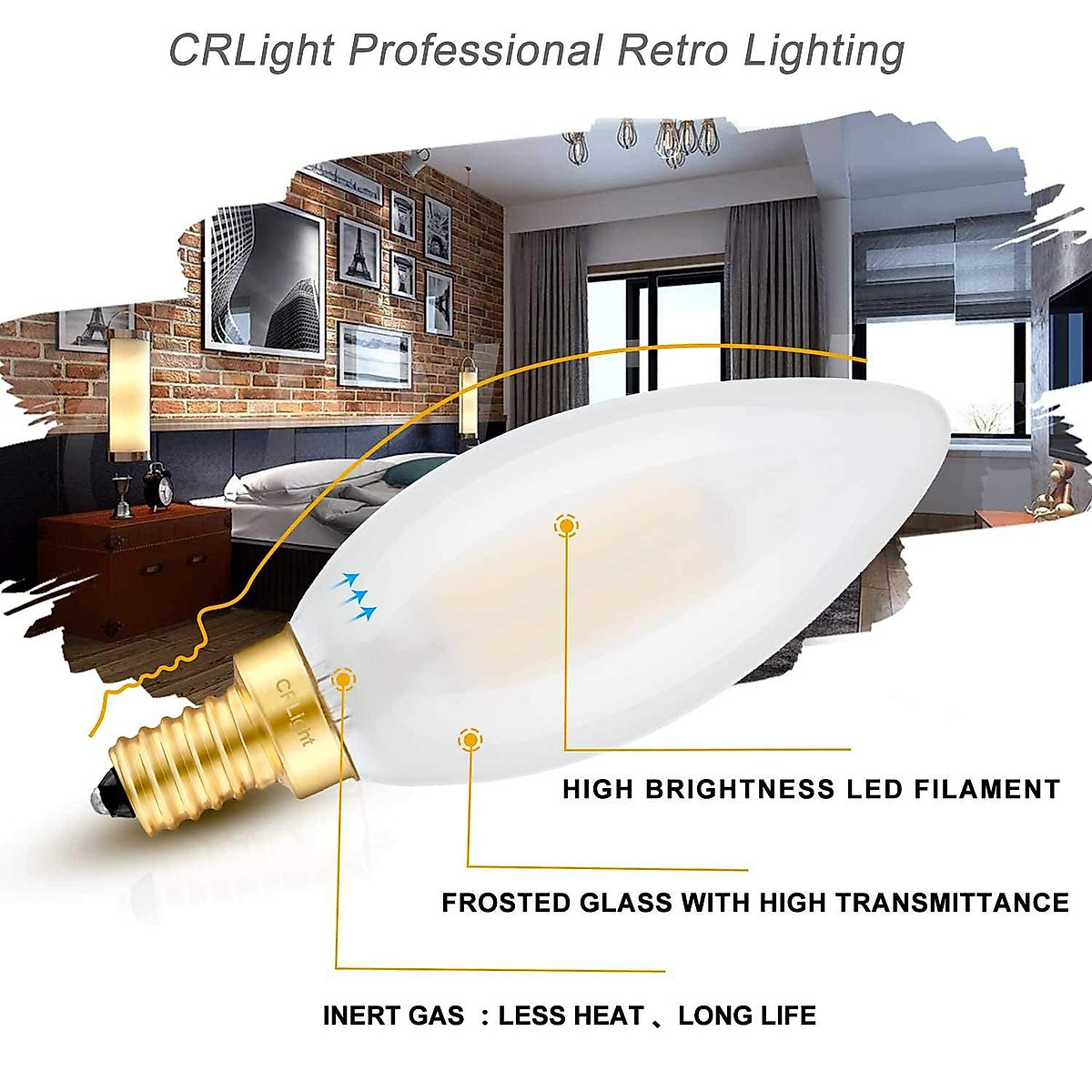 CRLight 6W Dimmable LED Candelabra Bulb 3200K Soft White, 60W Equivalent 600LM, E12 Base LED Filament Light Bulbs, Antique Edison B11 Candle Frosted Glass Chandelier Bulbs, Pack of 8
