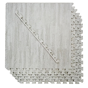 Home Aesthetics 100 Sq. Ft 3/8 Inch Thick Printed Foam Tiles Interlocking Foam Mat, 24" x 24", 25 pcs, White Wood Grain Style Protective Flooring, for Home, Gym Exercise or Trade Show