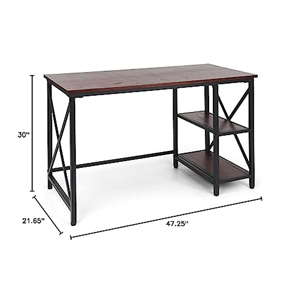 Displays2go Industrial-Style Desk, Two Shelves, Steel X Sides - Dark Wood Tone (FDXDESKBRN)