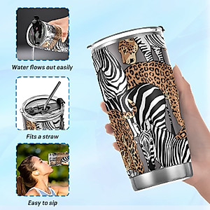 ALAZA Zebra Leopard Print Abstract Insulated Travel Tumbler Mug with Lid & Straw Double Wall Vacuum Water Bottle Car Cup Stainless Steel, Hot and Cold Thermos, 20oz
