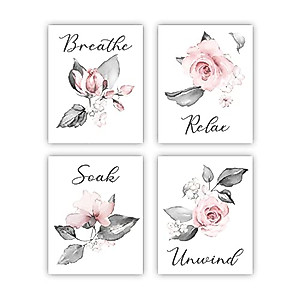 heilkee Pink Flower Wall Art Bathroom Grey Wall Decor Relax Soak Unwind Breathe Wall Pictures Bathroom Signs Set of 4(UNFRAMED 8x10in)