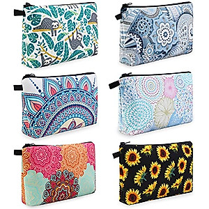 MAGEFY Makeup Bag 6 Styles Portable Travel Cosmetic Bag for Women Flower Patterns Zipper Pouch Sloth Gifts Makeup Pouch with Black Zipper (6 packs)