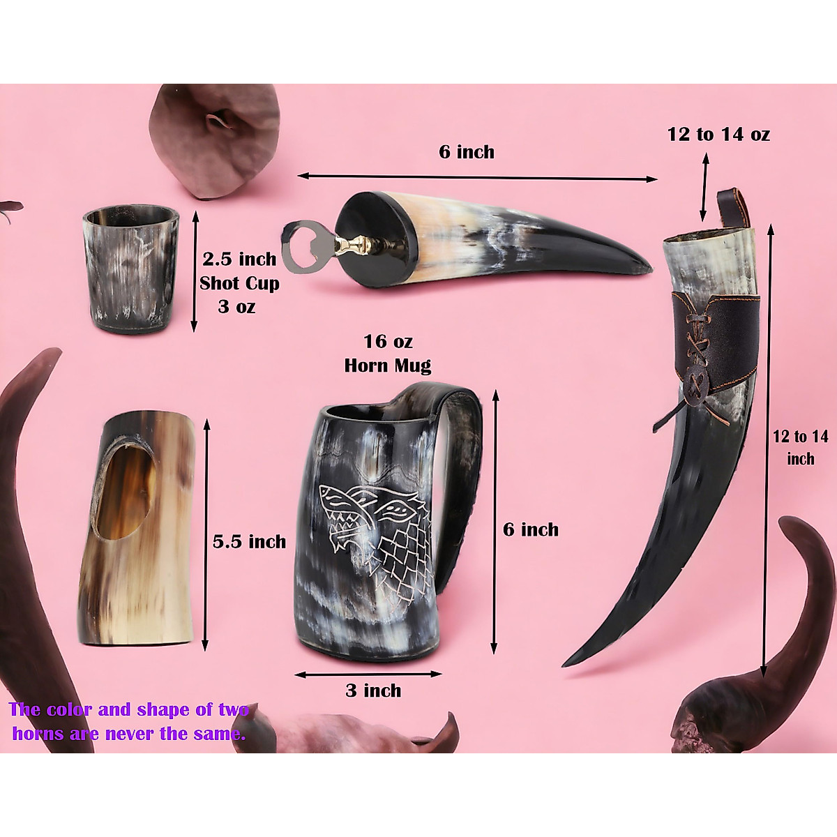 Brainmart Viking Drinking Horn Mug Set Dire Wolf Engraved Viking Gift for Men and Women Food Grade Medieval Style | Bottle Opener Shot Cup (6 Pcs Set)