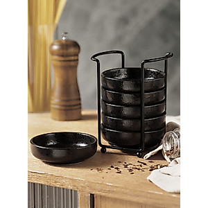 Ghaexui Japanese Ceramic Soy Sauce Dishes, Dipping Bowls, Side Dishes, Sauce Bowls-3.5 Inch, with Metal Stand for Ketchup Soy Sauce Sushi BBQ Party, Set of 6, Black