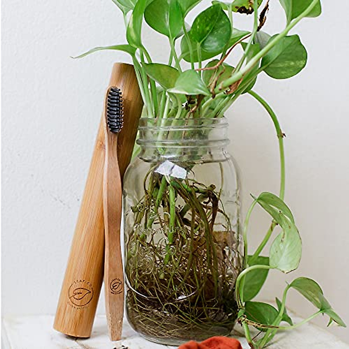 LEAFICO Bamboo Toothbrush with Travel Case - Dental Floss - Tongue Scraper - Premium Eco-Friendly Toothbrushes - Charcoal Infused Soft Bristles for Natural Whitening - BPA Free - Vegan Zero Waste Gift