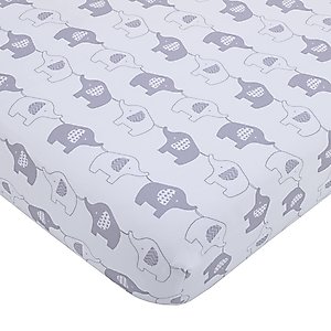 NoJo Elephant Stroll White & Gray Fitted Crib Sheet, Grey, White