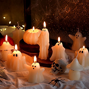 MTLEE 12 Pcs Halloween Ghost Candles Large White Spooky Candle Halloween Decoration Candles Novelty Horror Ghost Pumpkin Decorative Burning Candle for Halloween Party Table Home Decor