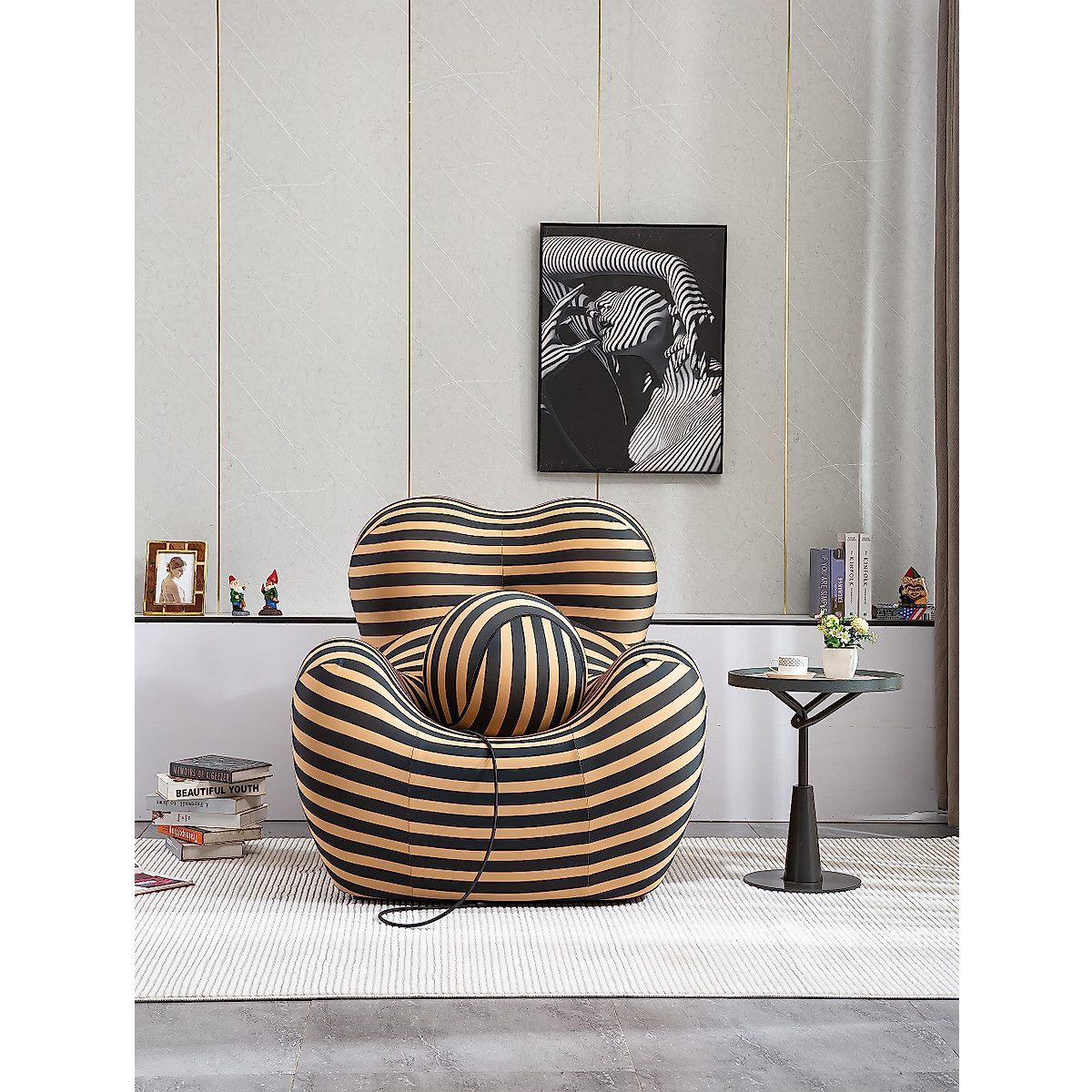 HomSof Barrel Accent Chair Sofa with Spherical Ottoman, Mordern Comfy Stripe Chair for Living Room,Black & Yellow,Large