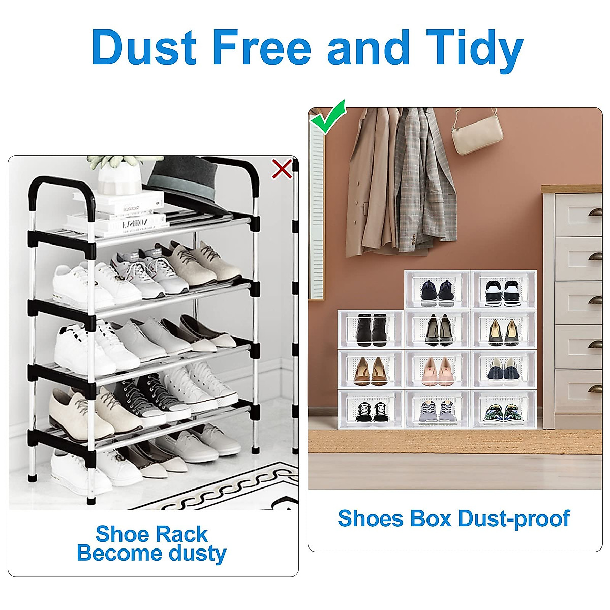 KuMers Clear Shoe Organizer Boxes, 12 Pack Plastic Stackable Shoe Boxes Multifunctional Shoe Storage for Closet Organizers and Storage for Men and Women (Medium)