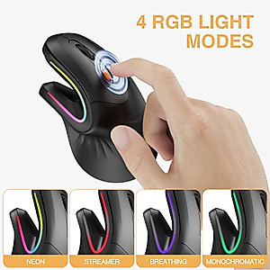 ProtoArc Ergonomic Mouse Wireless, EM11 Bluetooth Vertical Ergo Mouse, Rechargeable, 2.4G RGB Optical Vertical Mice with 3 Adjustable DPI, 3-Device Connection for PC, iPad, Mac, Windows (Black)