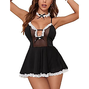 Avidlove Sexy Lingerie for Women Role Play Maid Outfit Cosplay Lingerie Dress Naughty Lace Babydolls Lingerie, Black, L