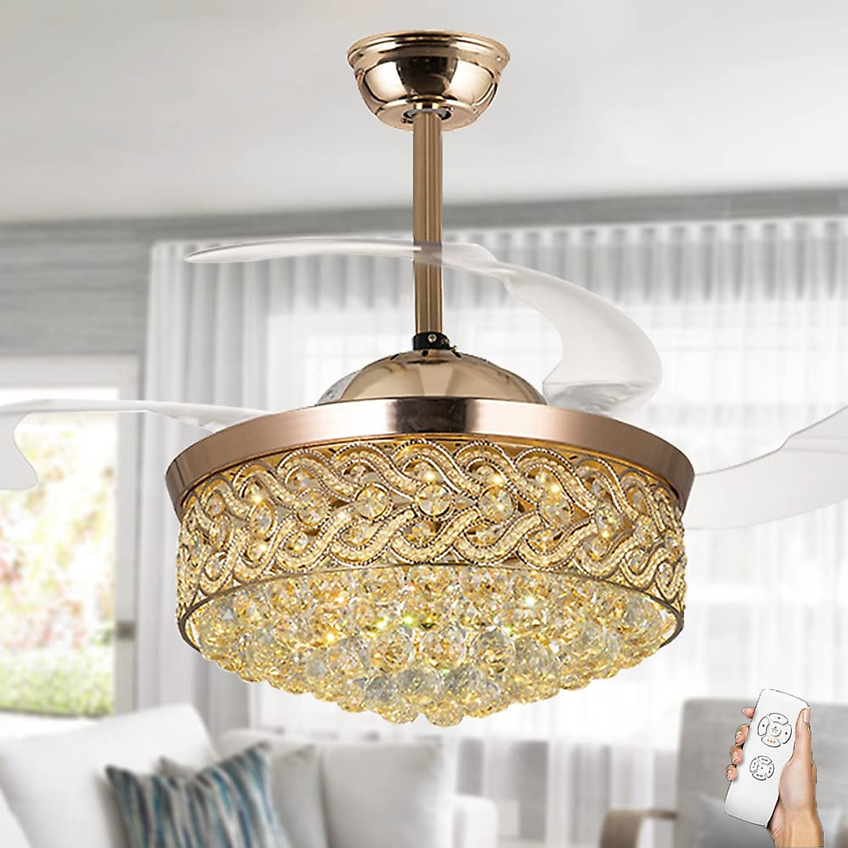 FANRYO 42"LED Crystal Invisible Ceiling Fan with Lights and Remote , Adjustable Tri-color Lighting Tri-Wind Speed Silent Motor Indoor Chandelier Lighting Fandelier for Livingroom Bedroom (42''-gold)