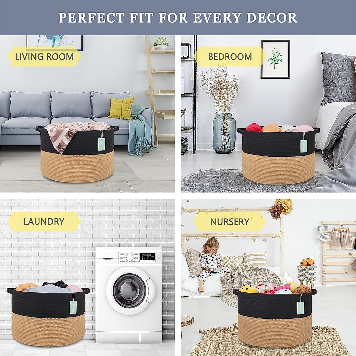 BOSROTY Extra Large Cotton Rope Basket For Girls Kids 87L, Nursery Hamper, Large Laundry Basket , Nursery Bin, Woven Basket Organizer For Storage Toys Blankets Clothes, 22”x 14”, Blend White & Pink